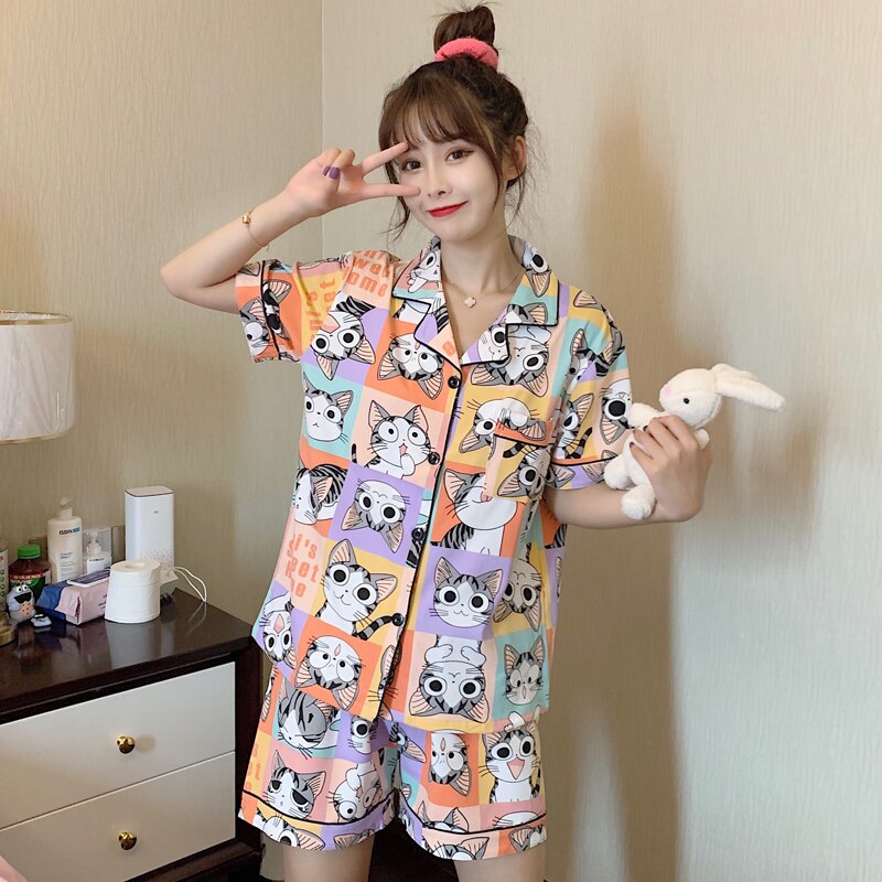 Kvinder sommer pyjamas sæt sød ternet kat print ko... – Vicedeal