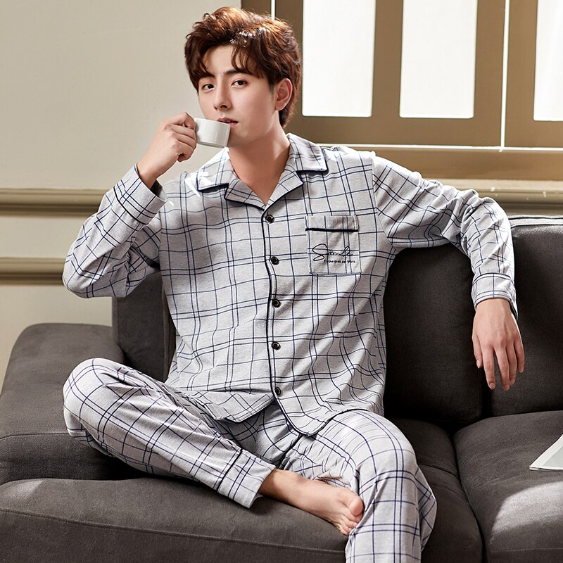 Pyjama Set Voor Mannen 100 Katoen Plaid Nachtkledi... – Grandado