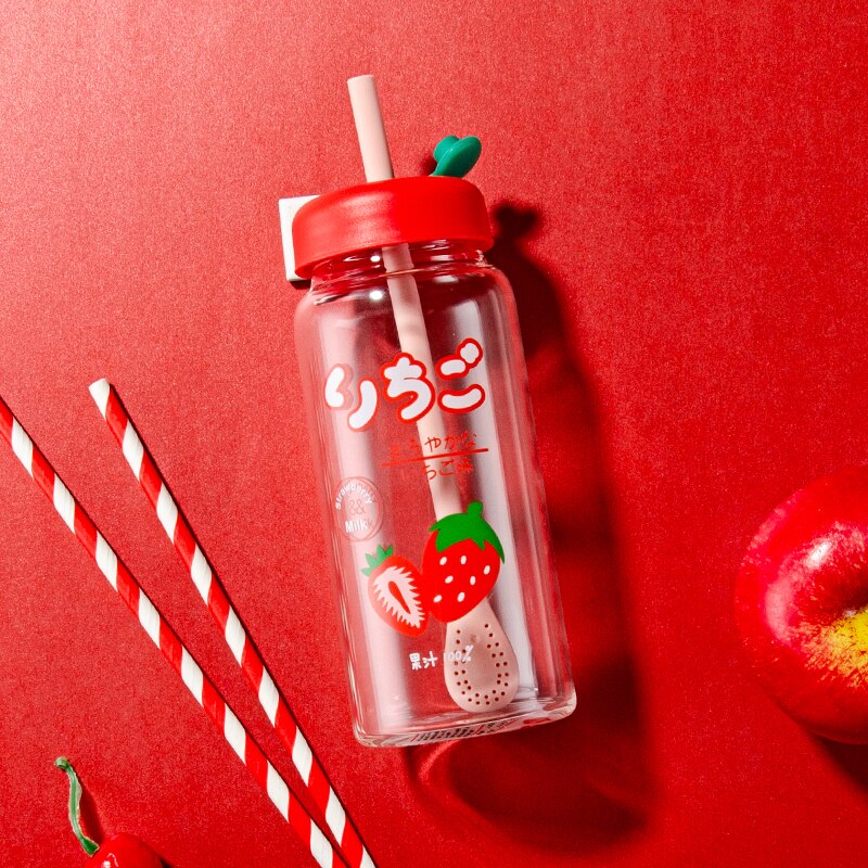 Cute Fruit Straw Transparent Glass Water Bottle St... – Grandado