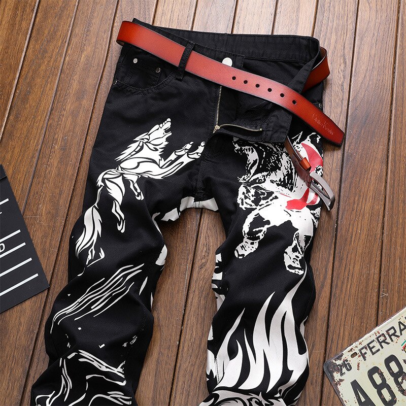 Men's animal printed black jeans slim skinny d... – Grandado