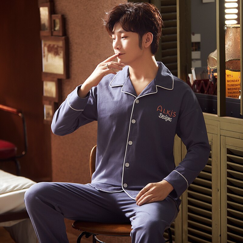 Men Pyjama Set Cotton Spring Long Sleeve Plaid Men... – Grandado