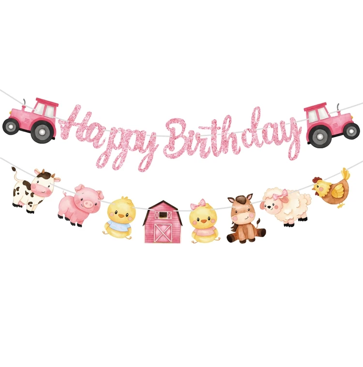 Pink Farm Animals Birthday Banner Happy Farm Birth... – Vicedeal
