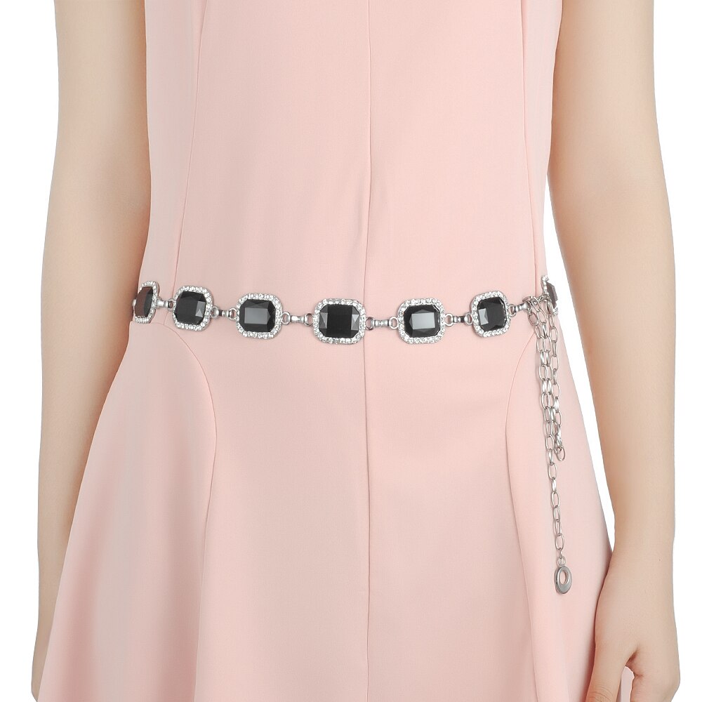women's Black square crystal waist chain belt for ... – Grandado