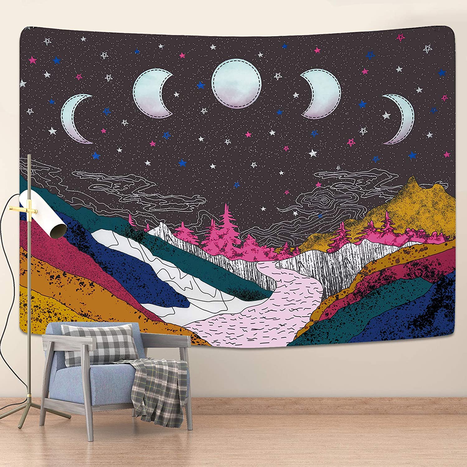 Tapiz de montaña, fase lunar, colgante de pared, n... – Grandado