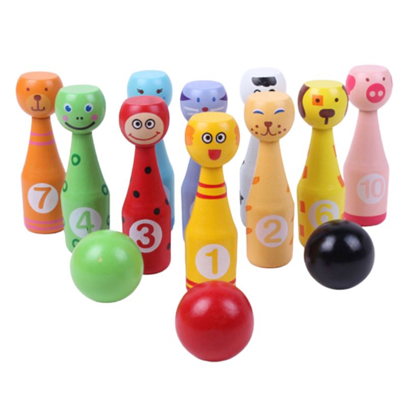 13pcs/set Wooden Bowling Set 10 Pins 3 Ball Animal... – Vicedeal