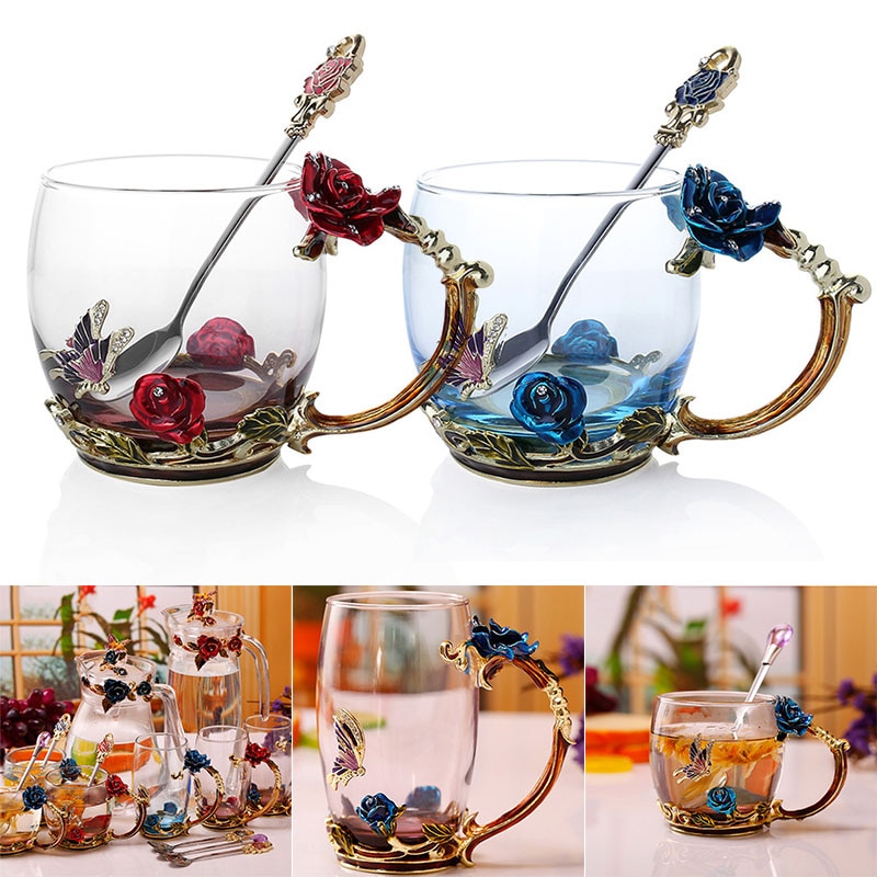 Emaille Koffie Thee Cup Mok 3D Rose Vlinder Glas C... – Grandado