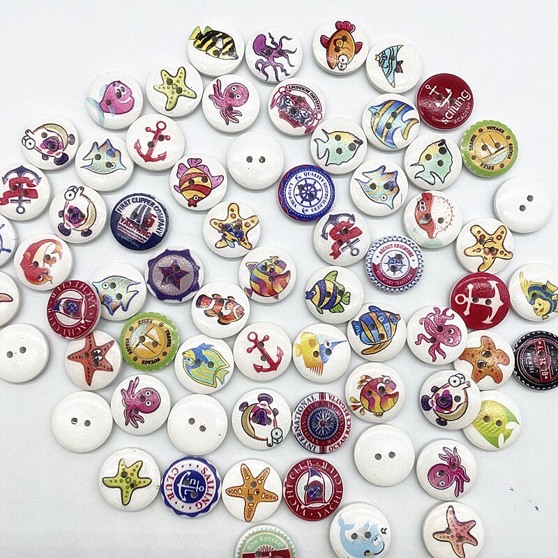 20mm round wooden buttons Marine wind sea fish ani... – Vicedeal