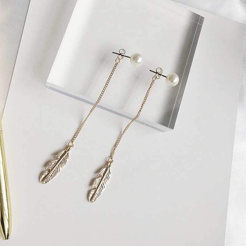 E0329 Goud Kleur Blad Lange Kwast Oorbellen Parel ... – Vicedeal