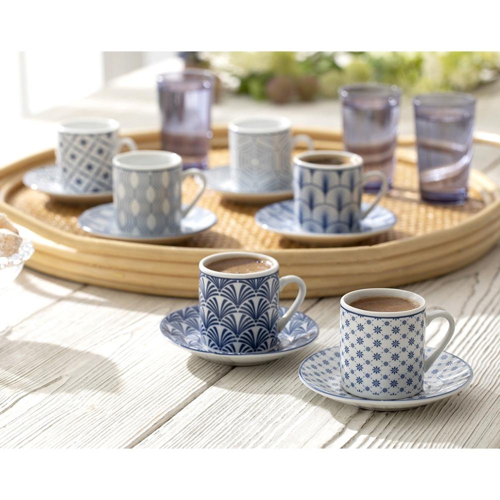 6 person 12 piece blue patterned cup with porcelai... – Vicedeal