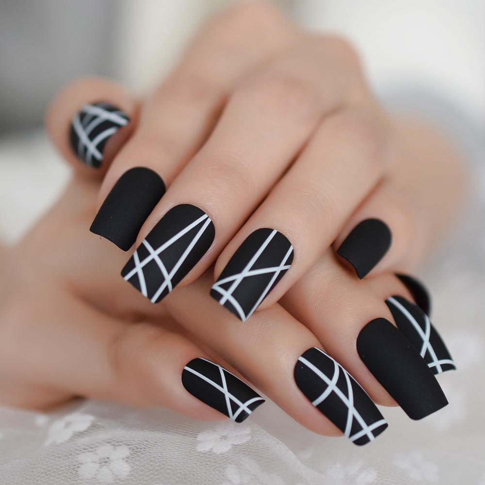 Cutting Grid Line Black Nails Square Medium-Long F... – Vicedeal