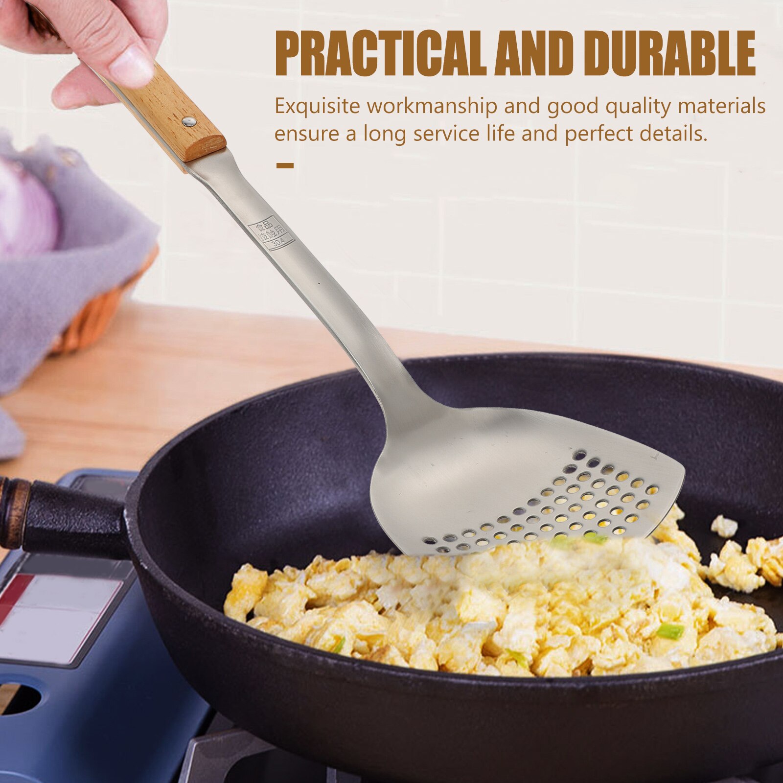 Wooden Handle Cooking Shovel Stainless Steel Wok S... – Grandado