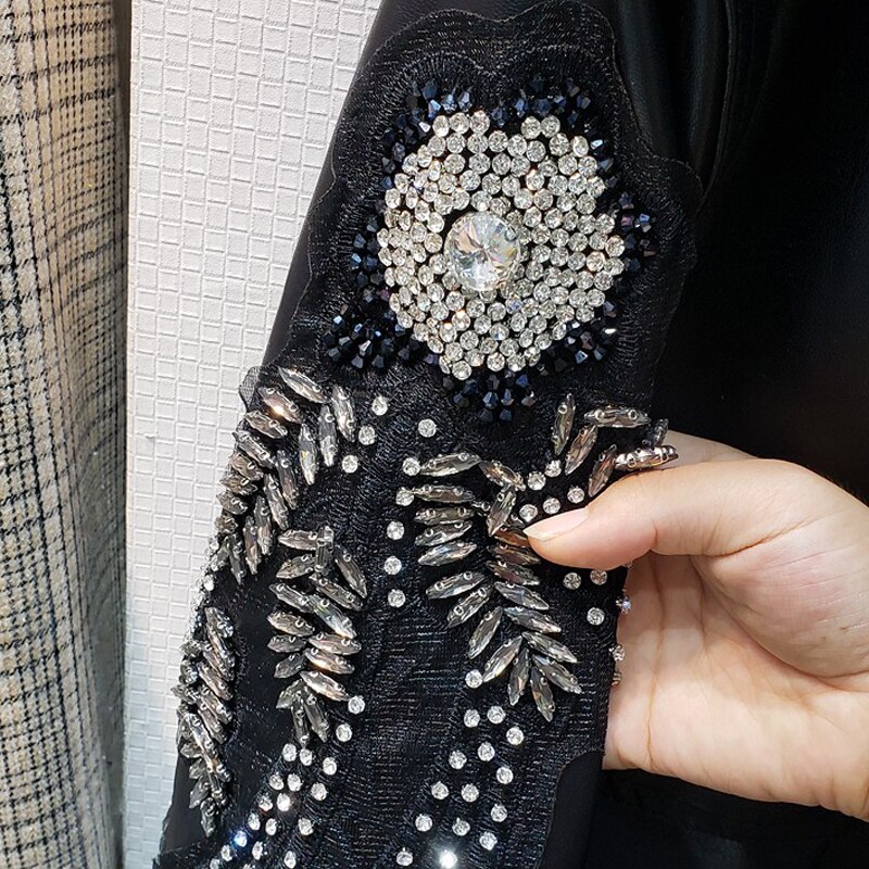 Spring Autumn Women Diamonds PU Faux Leather Jacke... – Grandado