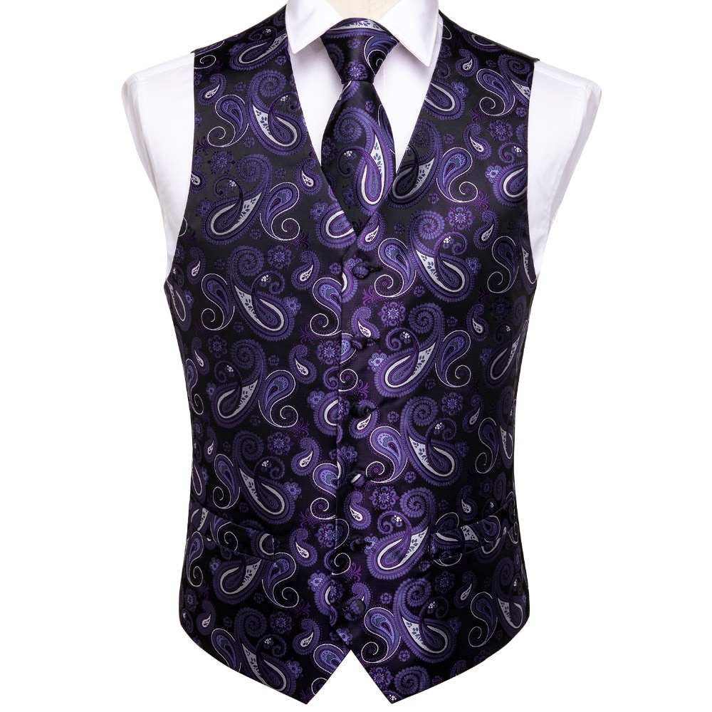 Dibangu mænds lilla sort paisley vest vest lomme f... – Grandado