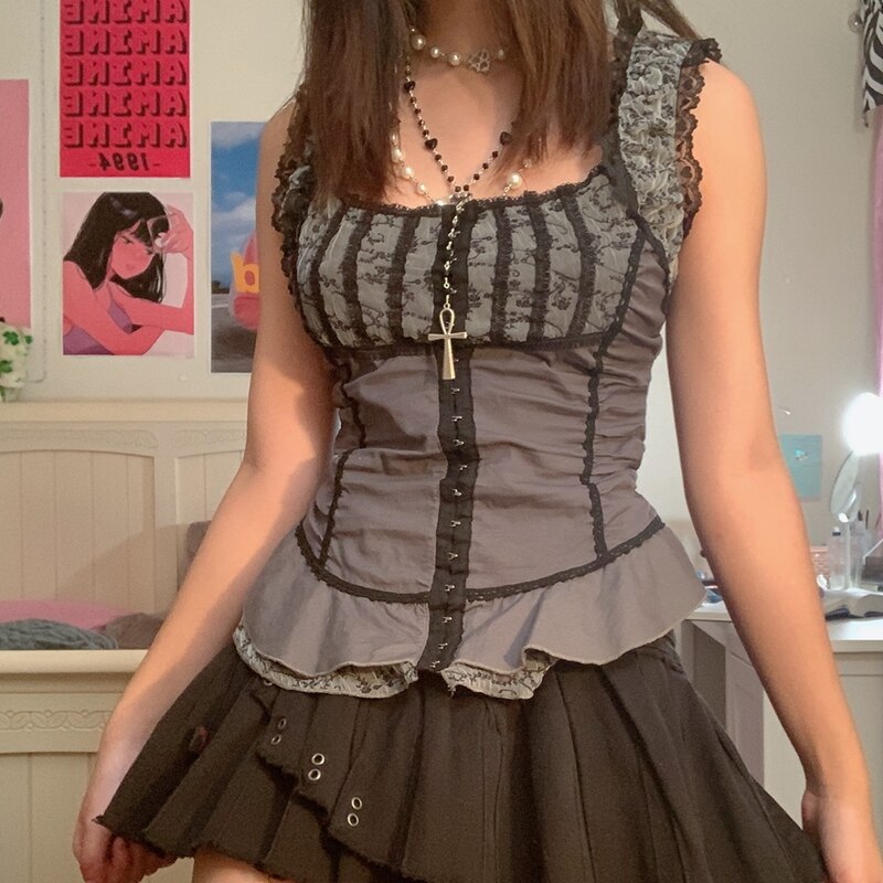 Harajuku Lace Trim Hook Button Crop Top Vintage Y2... – Grandado