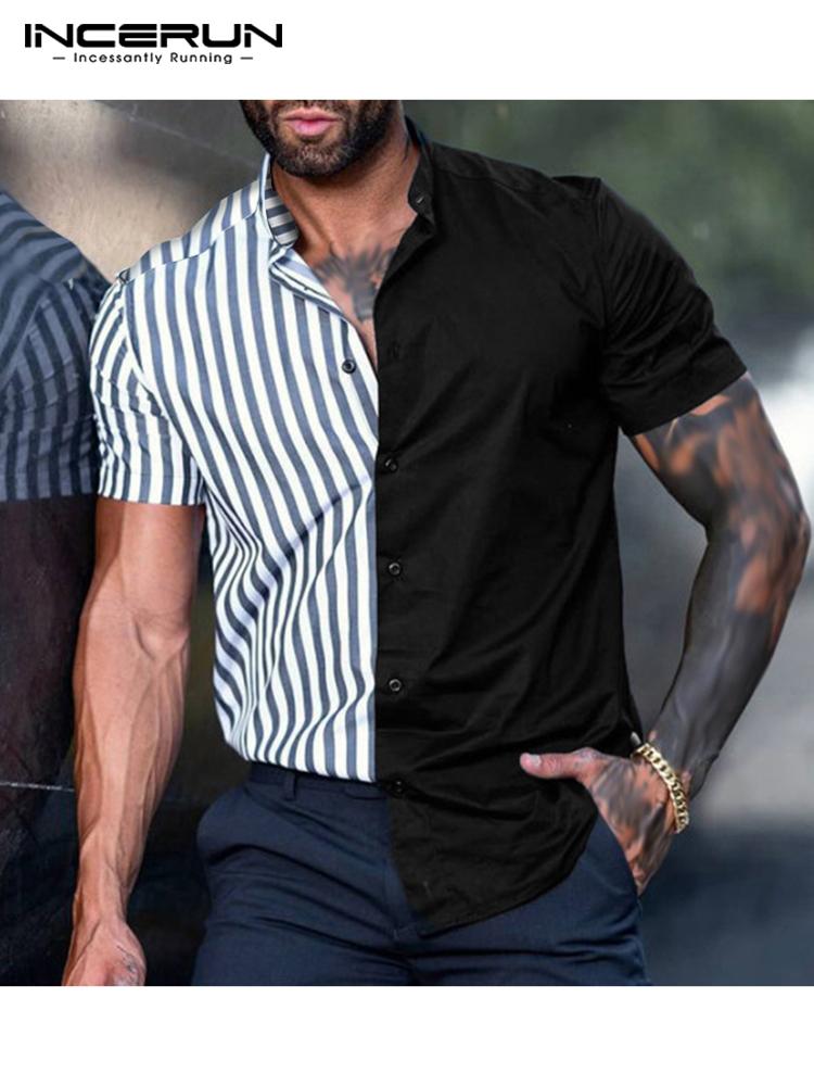 Summer Men Shirt Striped Patchwork Stand Collar Sh... – Grandado