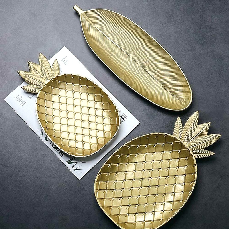 Wooden Pineapple Leaf Shape Tray Golden Jewelry St... – Vicedeal
