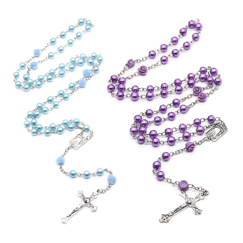 Rosary Necklace Jesus Christ Cross Pendant Glass P... – Grandado