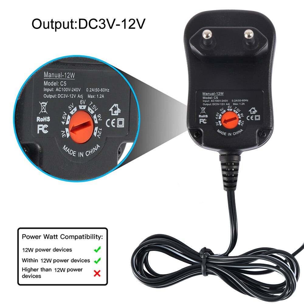 3-12V 12W Adjustable Power Supply with DC USB Tips... – Grandado