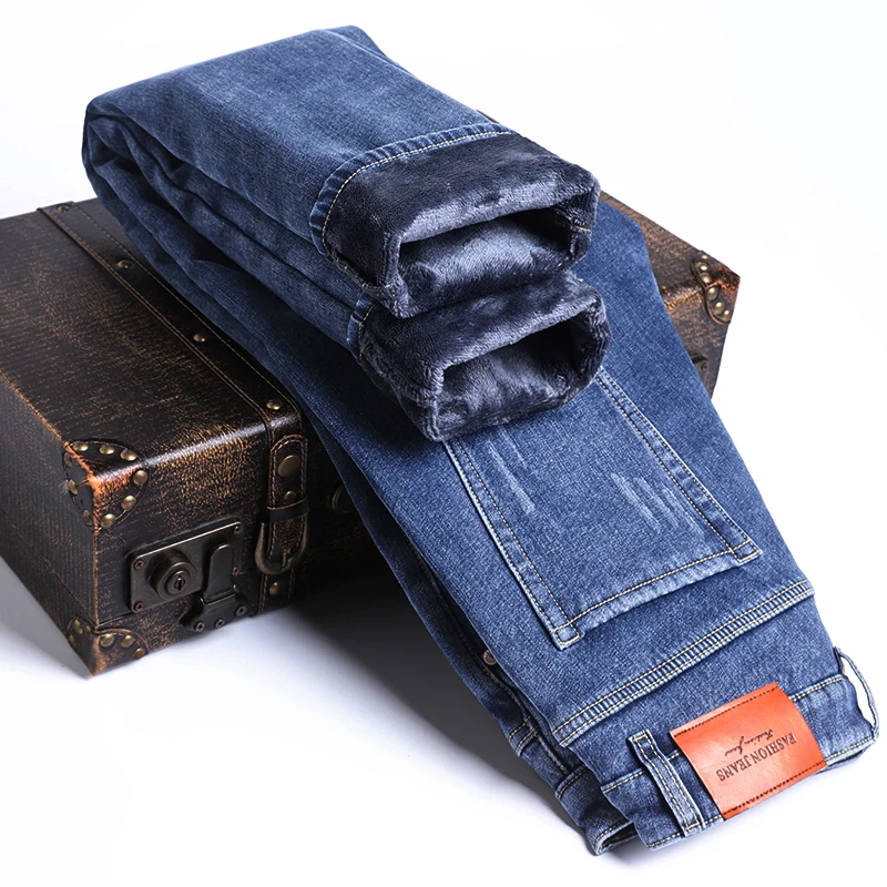 4 Colors Winter Men’s Fleece Warm Jeans Slim Stret... – Grandado