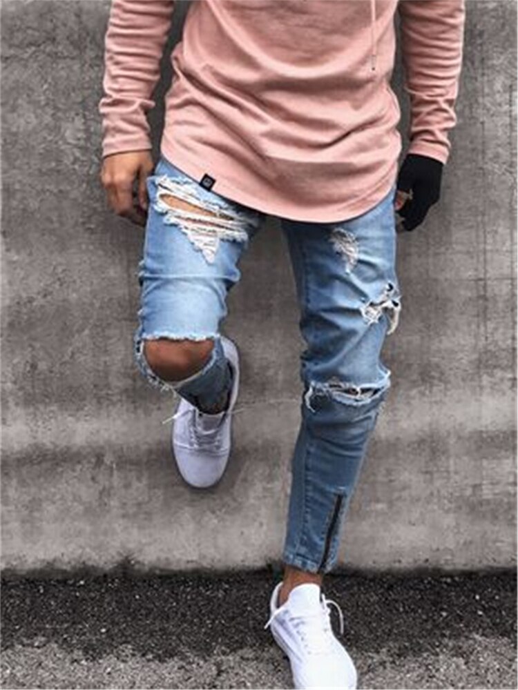 Men's denim pants ripped hole slim Jeans men Hip h... – Grandado