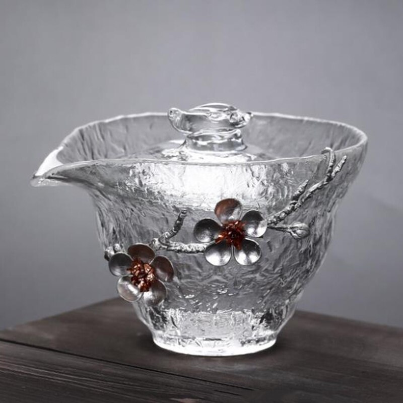 Glass Tea Bowl Silver Flower Decor Gaiwan 150ml Ku... – Grandado