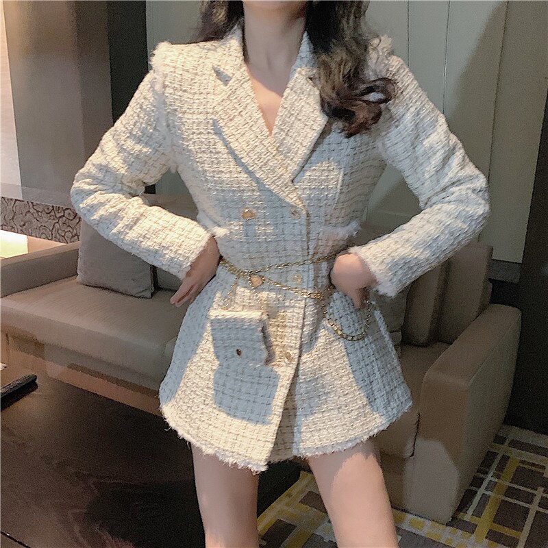 Gold Thread Plaid Coat Women Notched Collar Double... – Vicedeal