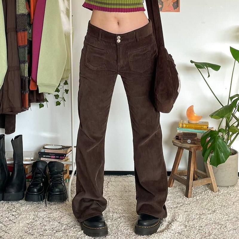 Low Waist Corduroy Pocket Woven Pants Women Casual... – Grandado