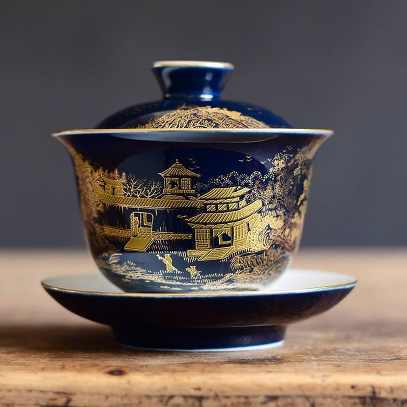 blue sketch gaiwan porcelain blue glaze China cup ... – Grandado