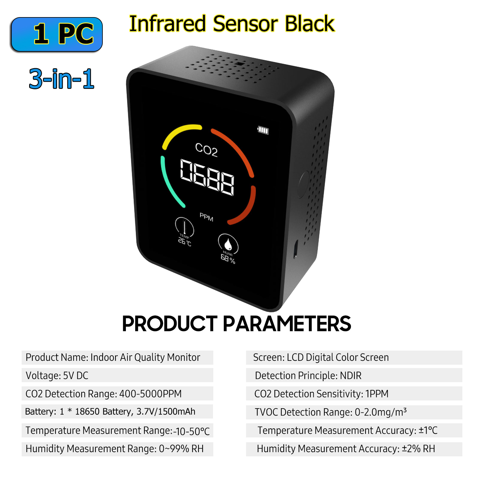 CO2 Meter 5in1 Formaldehyde HCHO TVOC Tester Co2 S... – Vicedeal