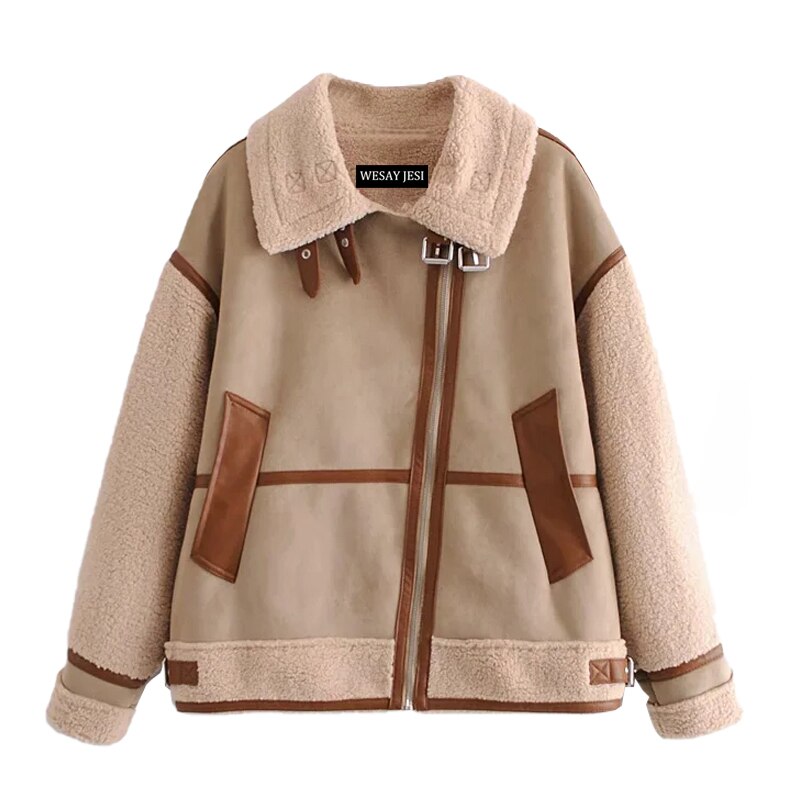 WESAY JESI Women Khaki Patchwork Suede Lambswool B... – Vicedeal