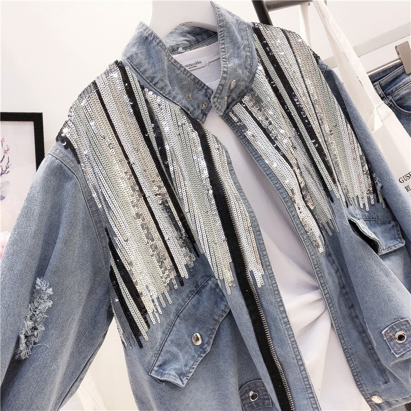 Pailletten Denim Jas Vrouwen Bomber Jacket Lange M... – Grandado