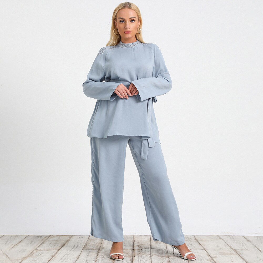 JHBeute Blue Women Long Suit Autumn Linen Two Piec... – Grandado