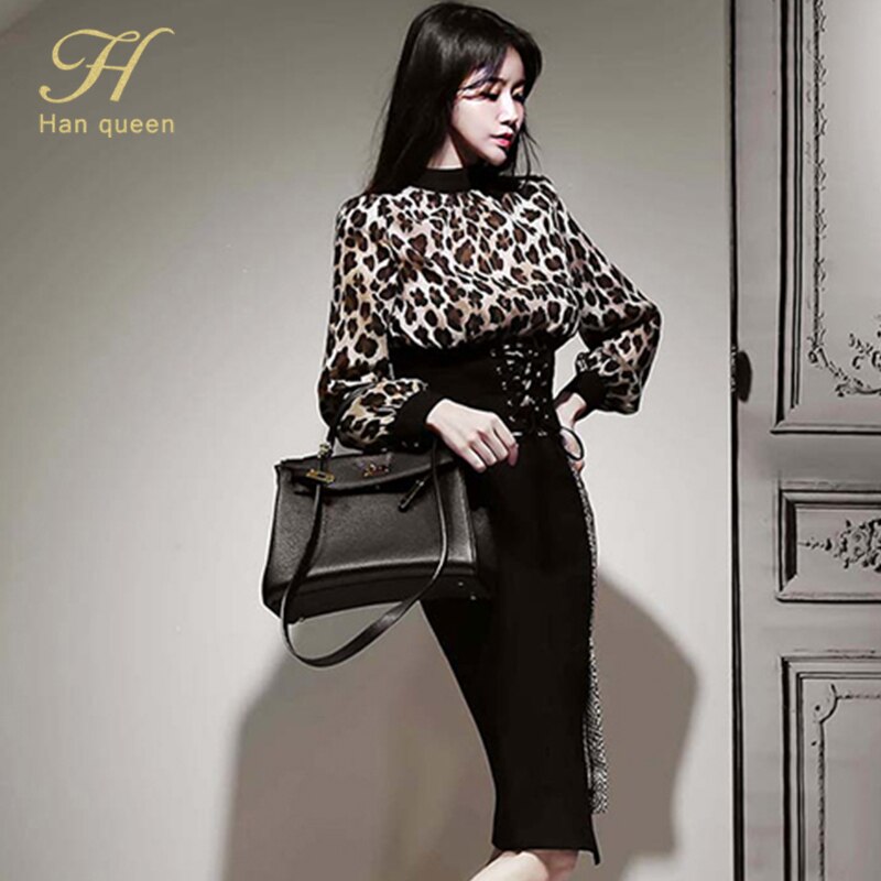 H Han Queen Women Work 2 Pieces Set V-neck Leopard... – Grandado