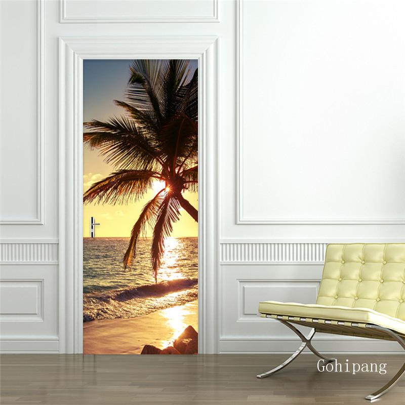 Door Sticker Beach Coconut Tree Sunrise Living Roo... – Grandado