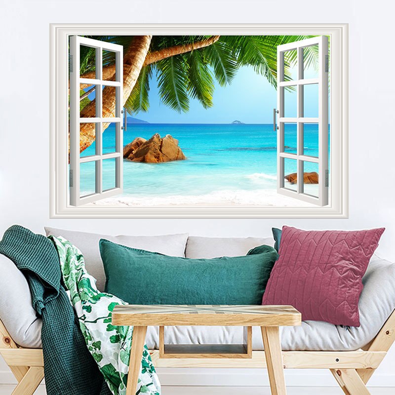 Summer Seaside Wall Stickers Coconut Tree Sea Wave... – Grandado