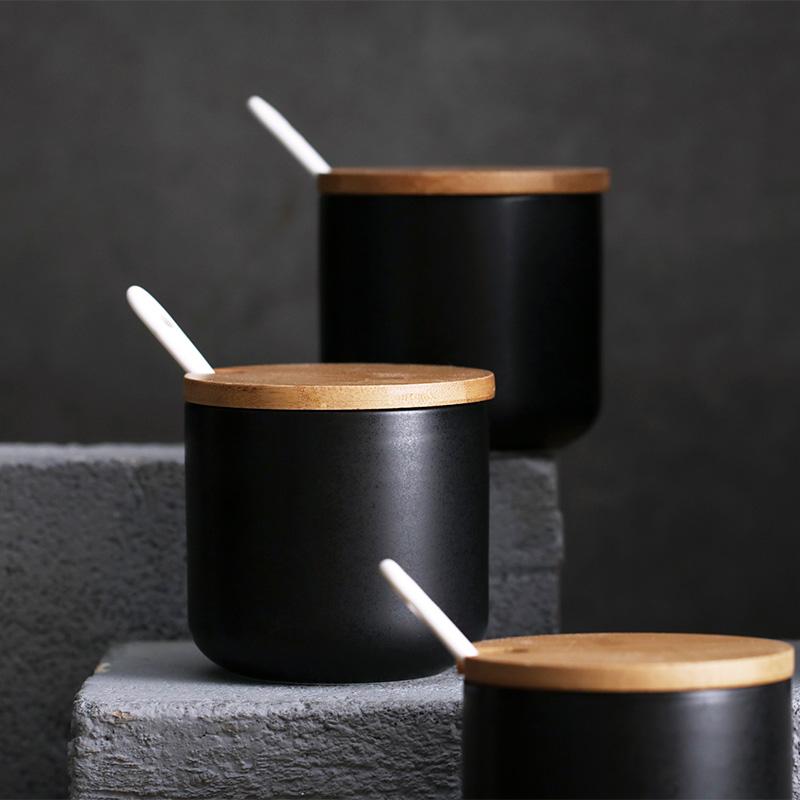3 pcs black ceramic Spice jar set with spoon and c... – Grandado