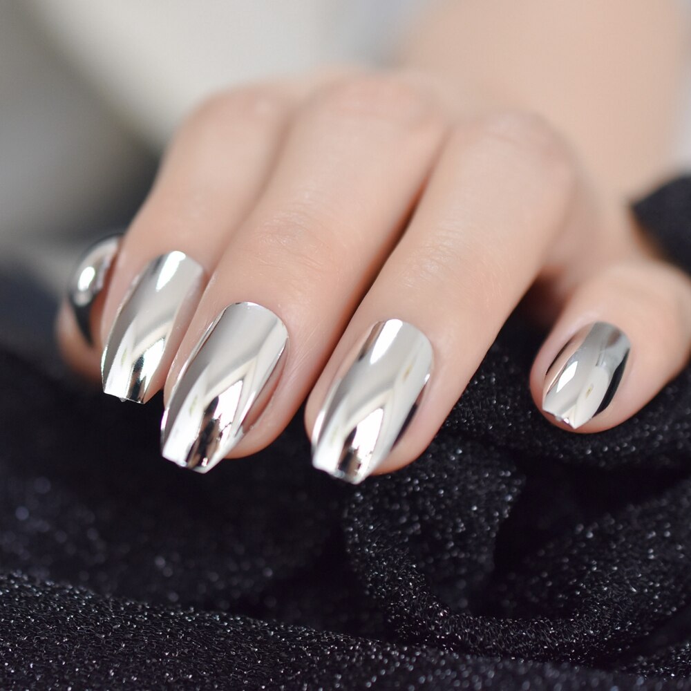 Bright Silver Artificial Mirror Nails Set Coffin S... – Grandado