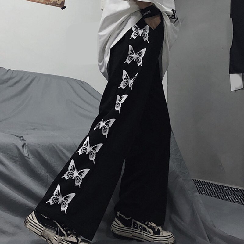 Harajuku Ladies Wide Leg Pants Butterfly Print Mid... – Grandado