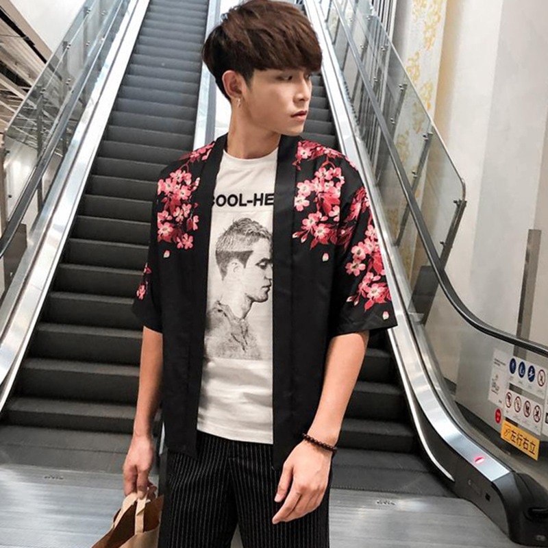 Casaco kimono japonês masculino, meia mangas, mant... – Grandado