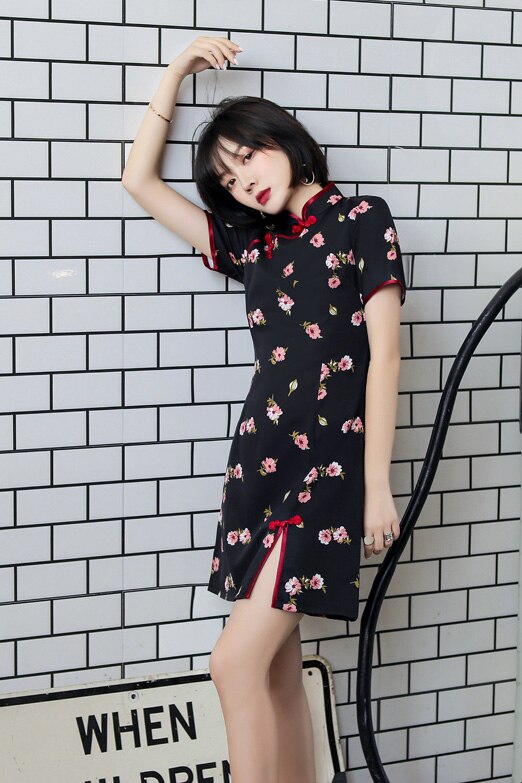 Zomer Cheongsam Jong Meisje Roze Rose Print Zwart ... – Grandado