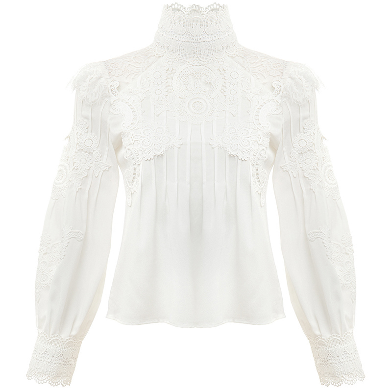 TWOTWINSTYLE Mesh Bluse Kvinder Stå krave Lanterne... – Grandado