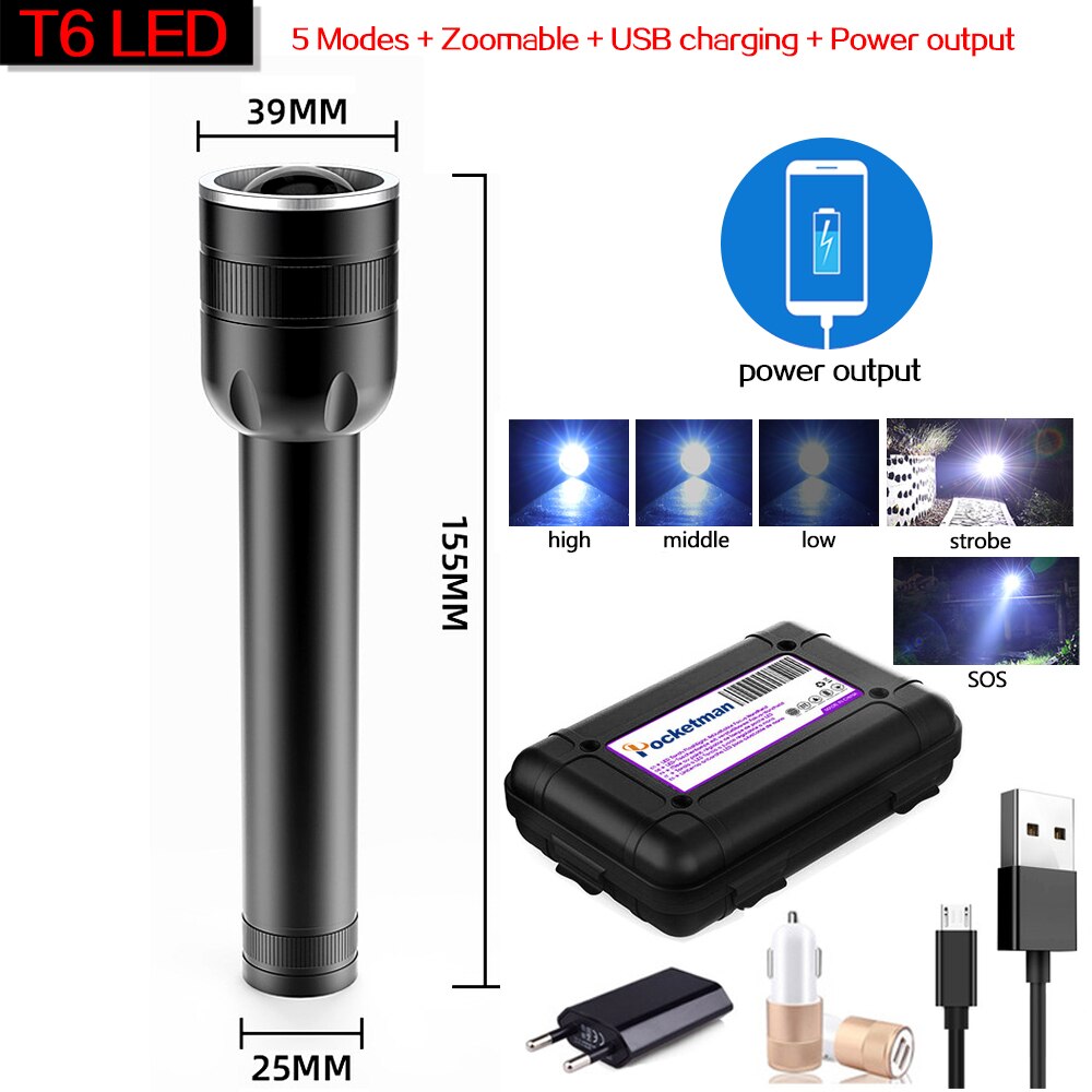 USB Rechargeable LED Flashlight With Q5 T6 LED Bui... – Grandado