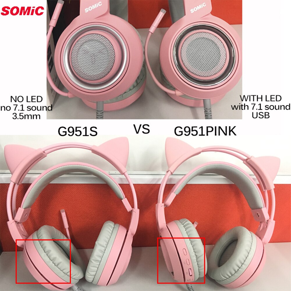 SOMIC G951 Pink Cat Headphones Virtual 7.1 Noise C... – Grandado
