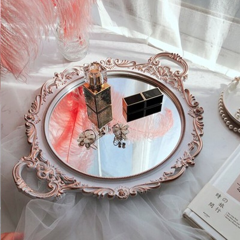 Retro Carved Round Mirror Tray Tea Tray Living Roo... – Grandado