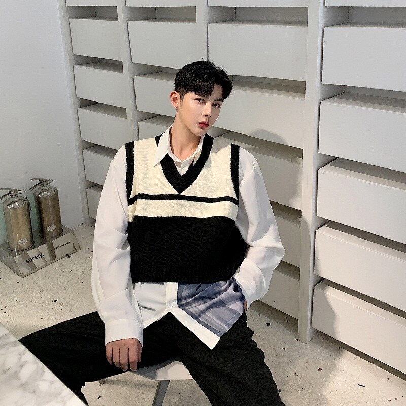 Autumn preppy style loose V collar contrast color ... – Vicedeal