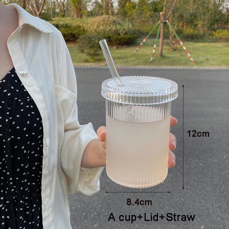 Ins Vertical Stripes Glass Cups with Lids and Stra... – Vicedeal