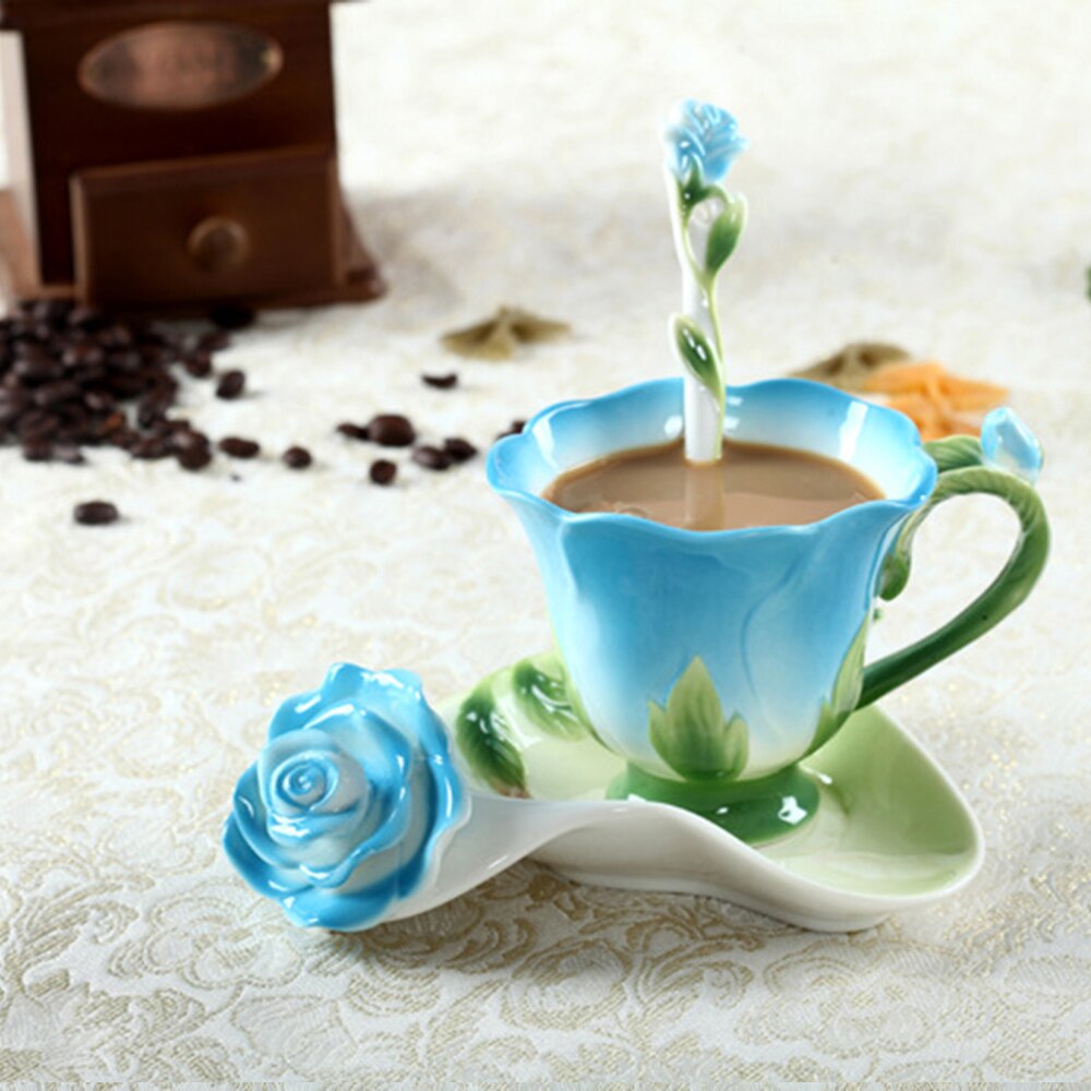 Ceramic Coffee Cup 3D Rose Enamel Milk Cup Set Wit... – Vicedeal