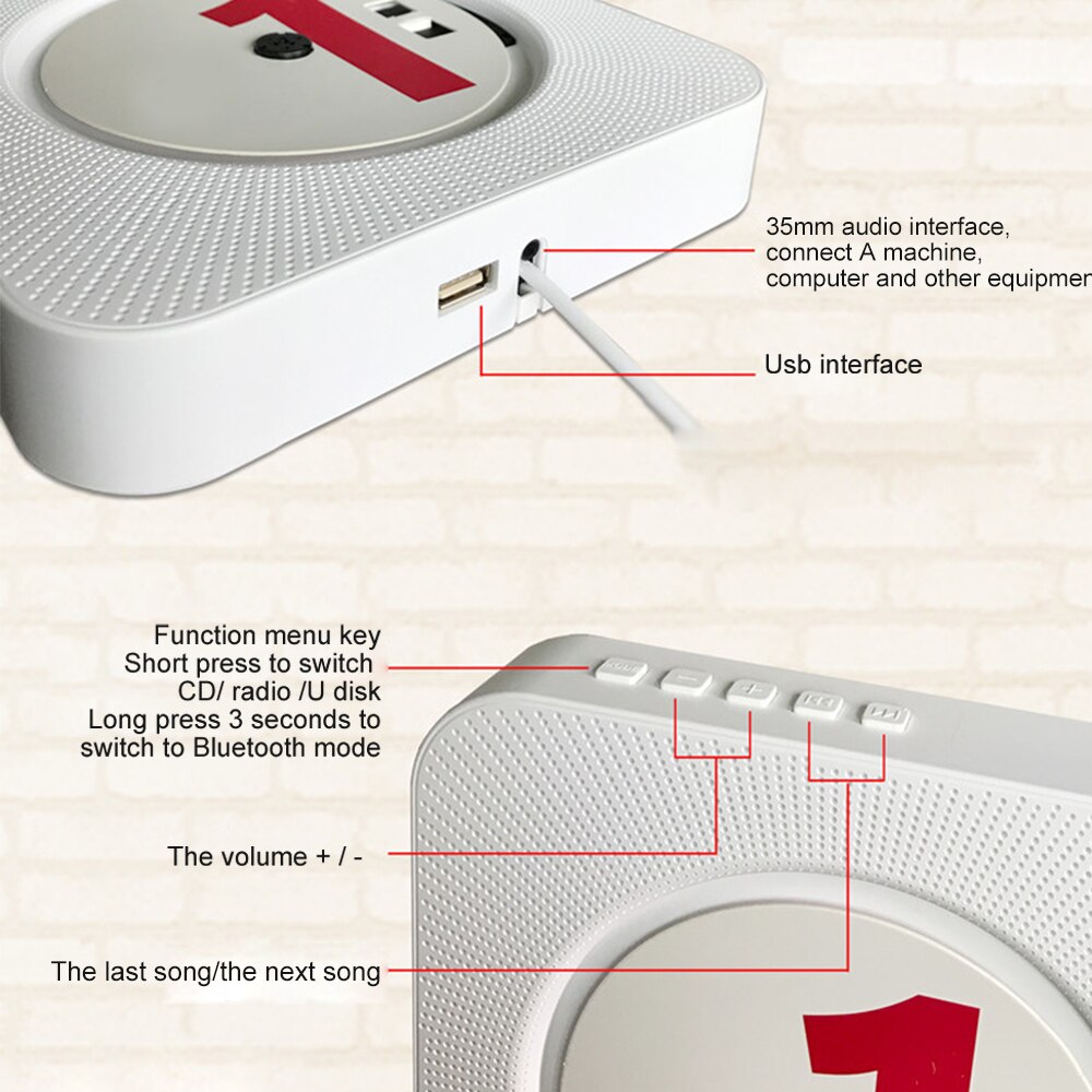 Portable Home Wall-Mounted CD Player USB Home Blue... – Grandado