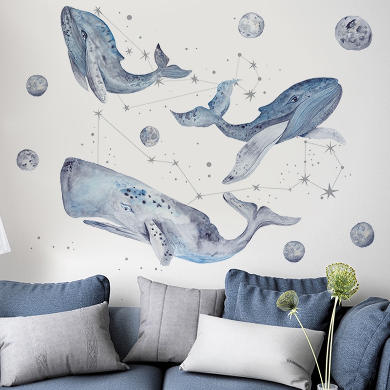 Hand drawn starry blue whale wall stickers kids ro... – Grandado