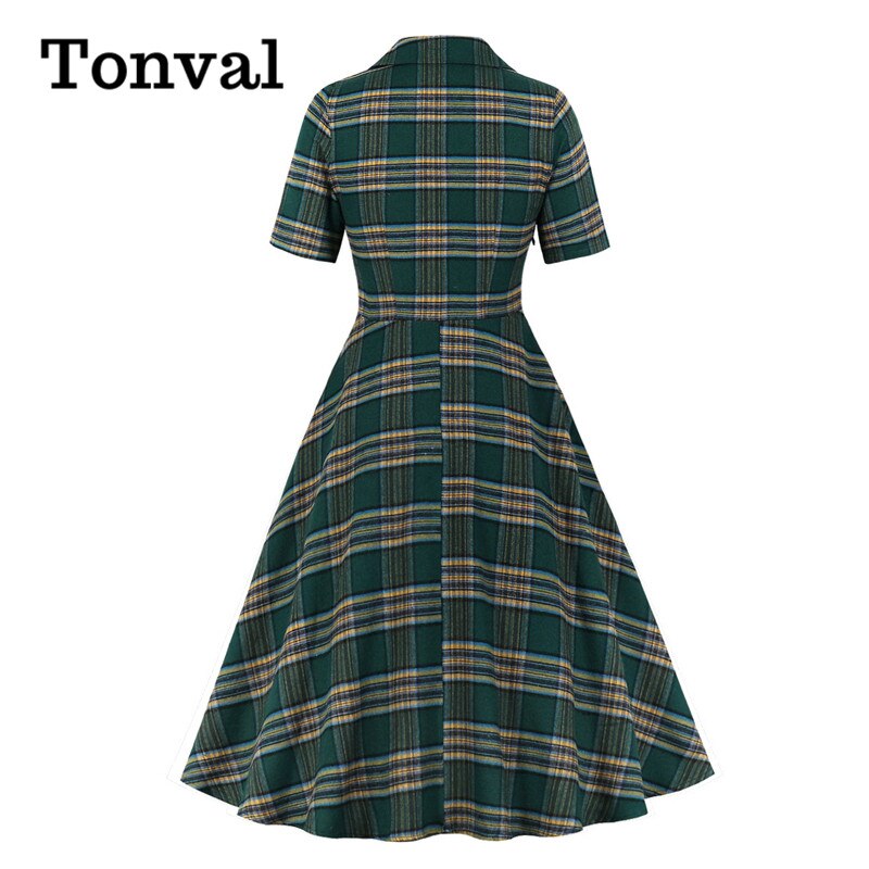 Tonval Turn Down Collar Button Up Green Plaid Vint... – Grandado